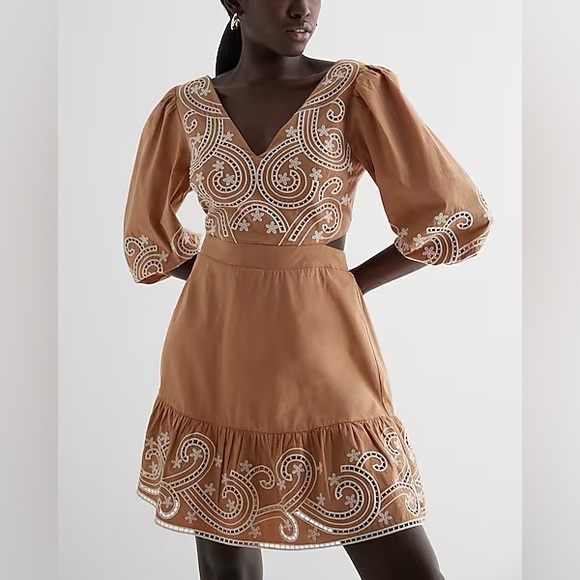 Express | Dresses | Nwt Express Embroidered Eyelet Vneck Tie Back Mini ...